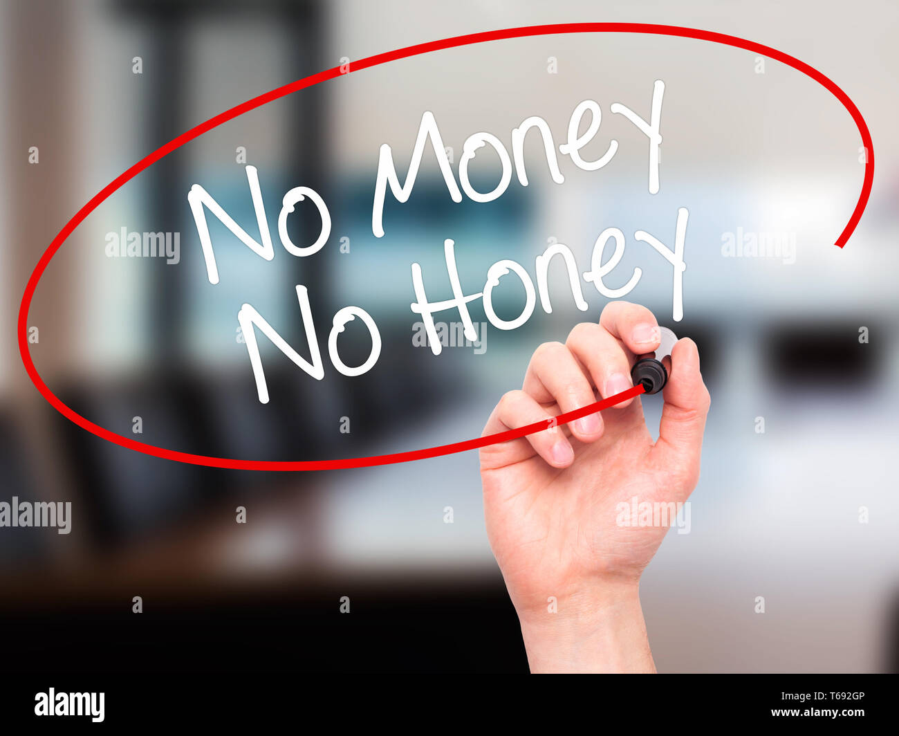 Man Hand writing No Money No Honey with black marker on visual screen ...