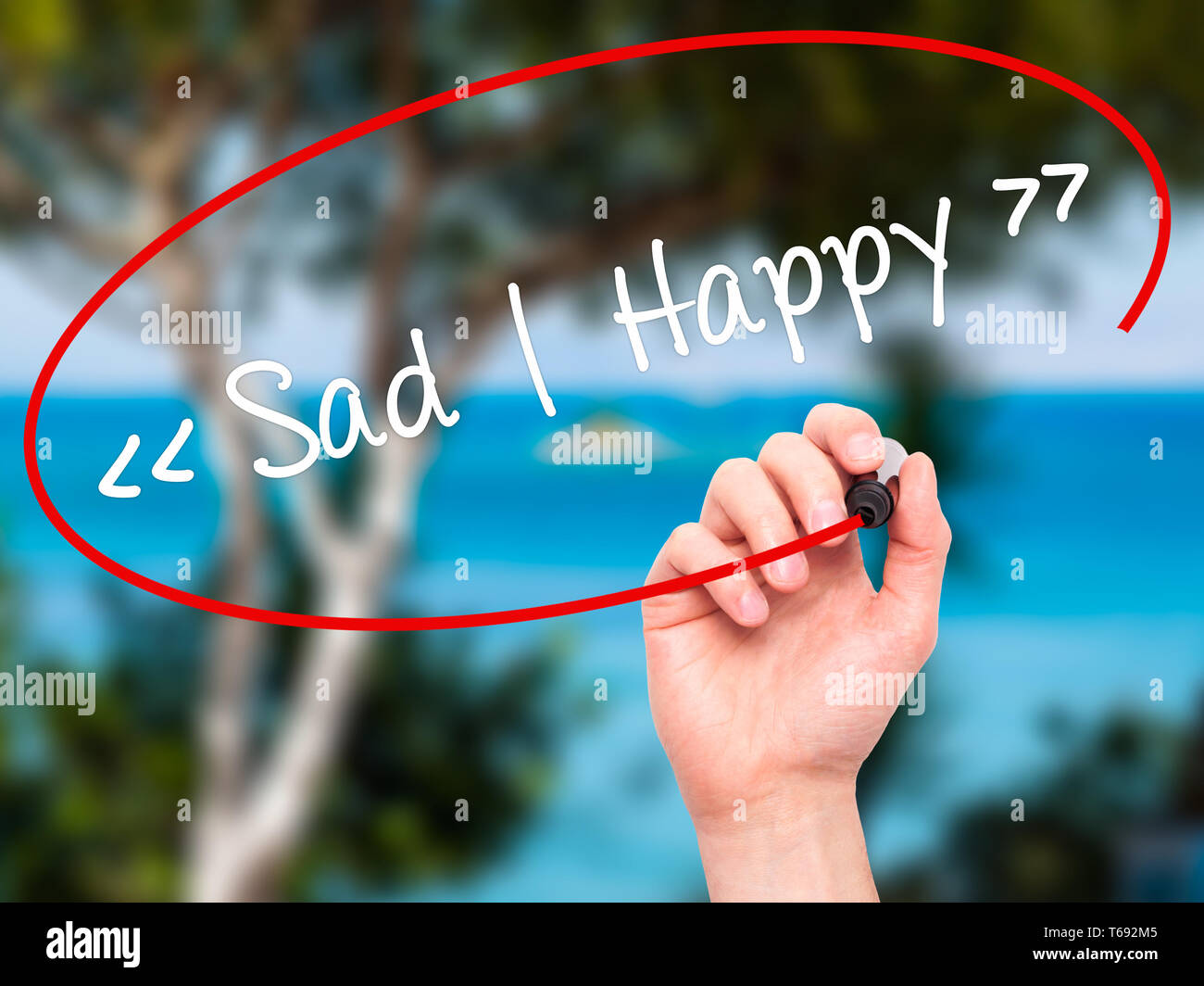 Man Hand writing Sad - Happy with black marker on visual screen Stock ...