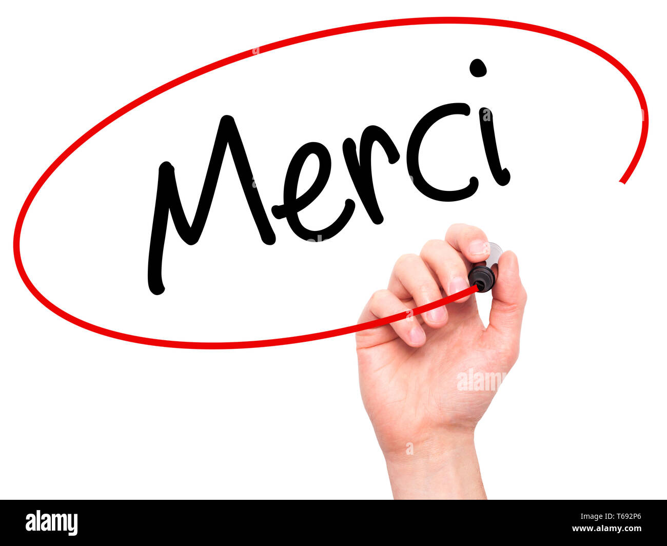 Man Hand writing Merci (Thank You In French) with black marker on ...