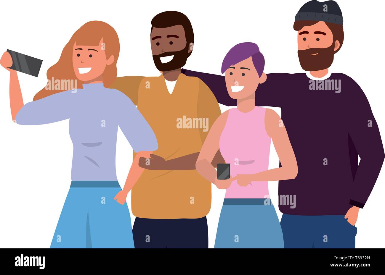 Millennial group using smartphone taking selfie posing together smiling ...