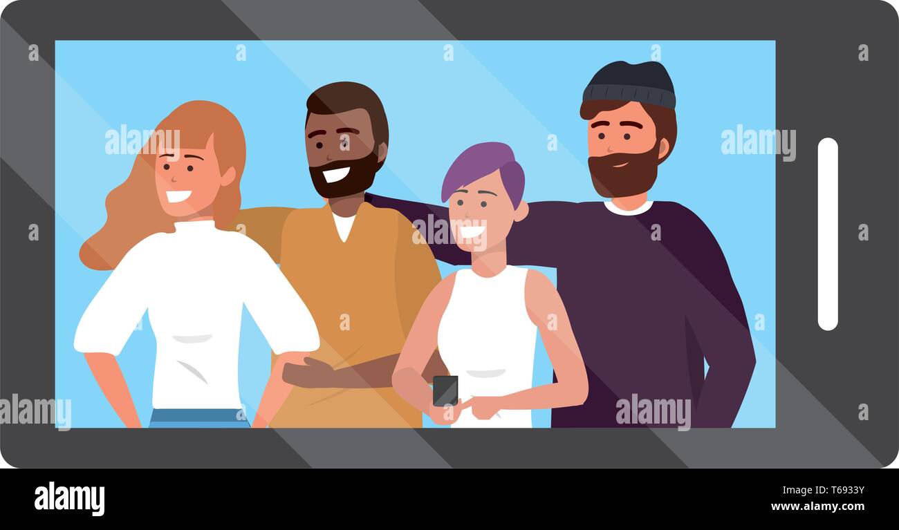 Smartphone app video call friends group smiling happy together afro ...