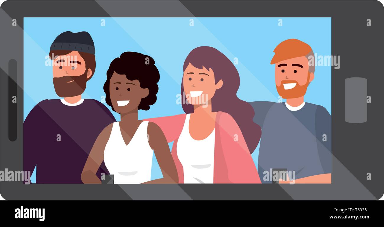 Smartphone app video call friends group smiling happy together afro ...