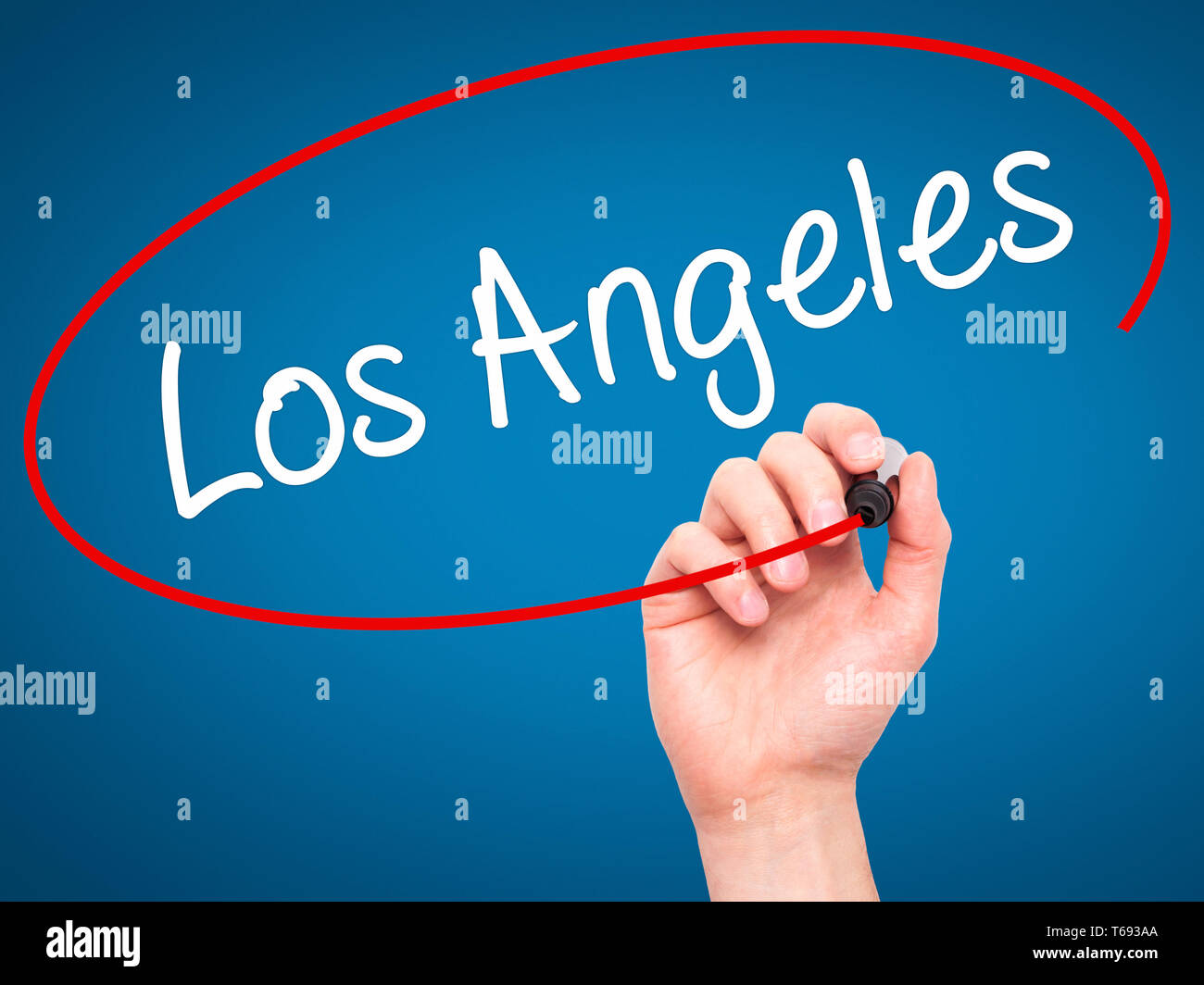 Man Hand writing Los Angeles with black marker on visual screen Stock ...