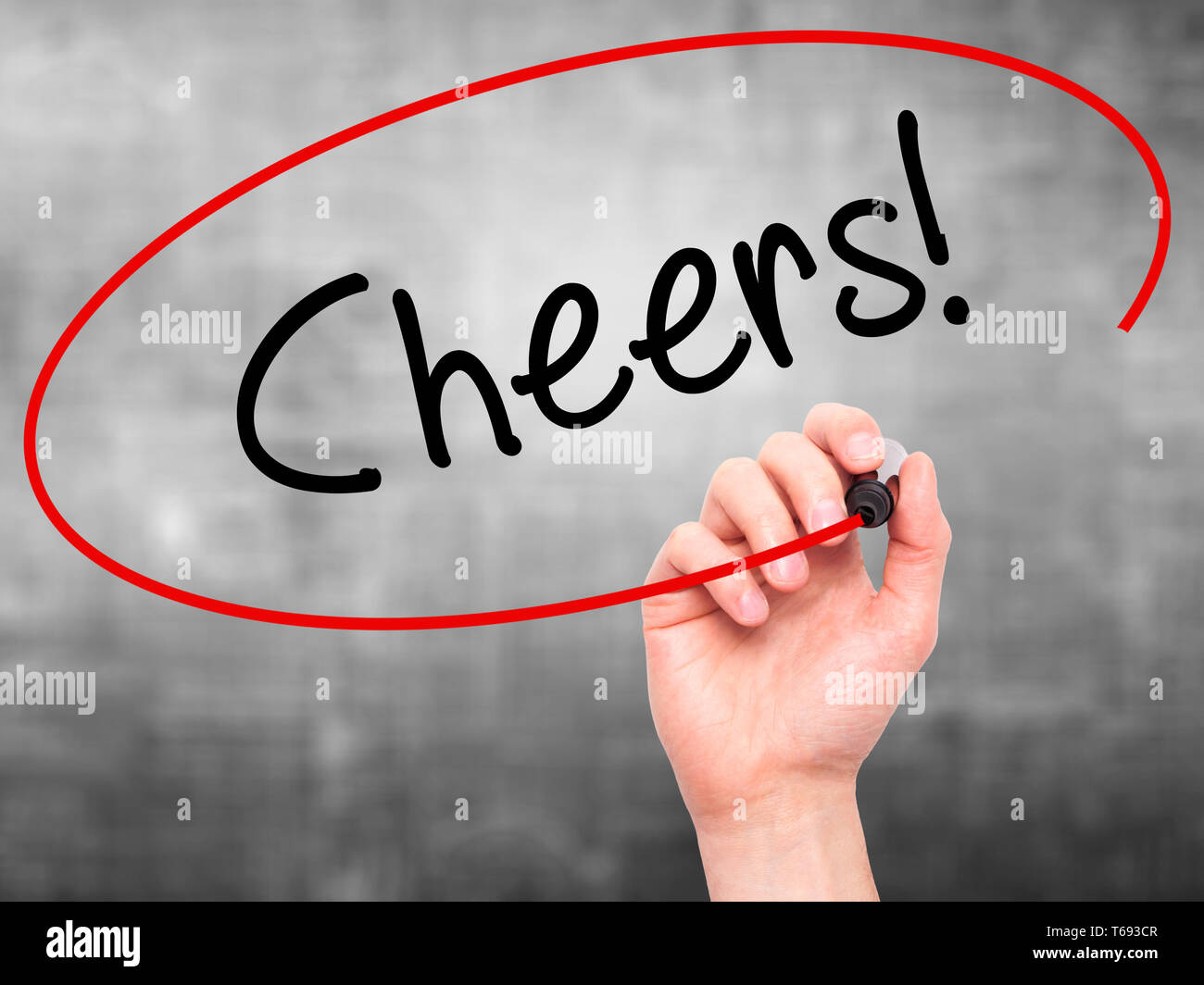 Man Hand writing Cheers! with black marker on visual screen Stock Photo ...