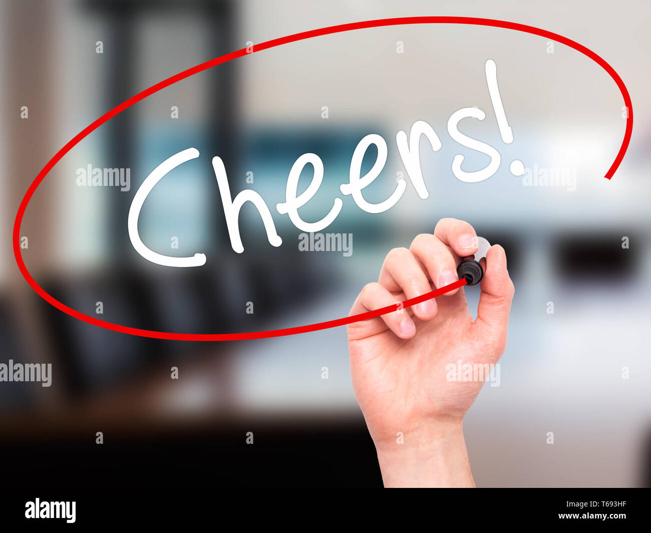 Man Hand writing Cheers! with black marker on visual screen Stock Photo ...