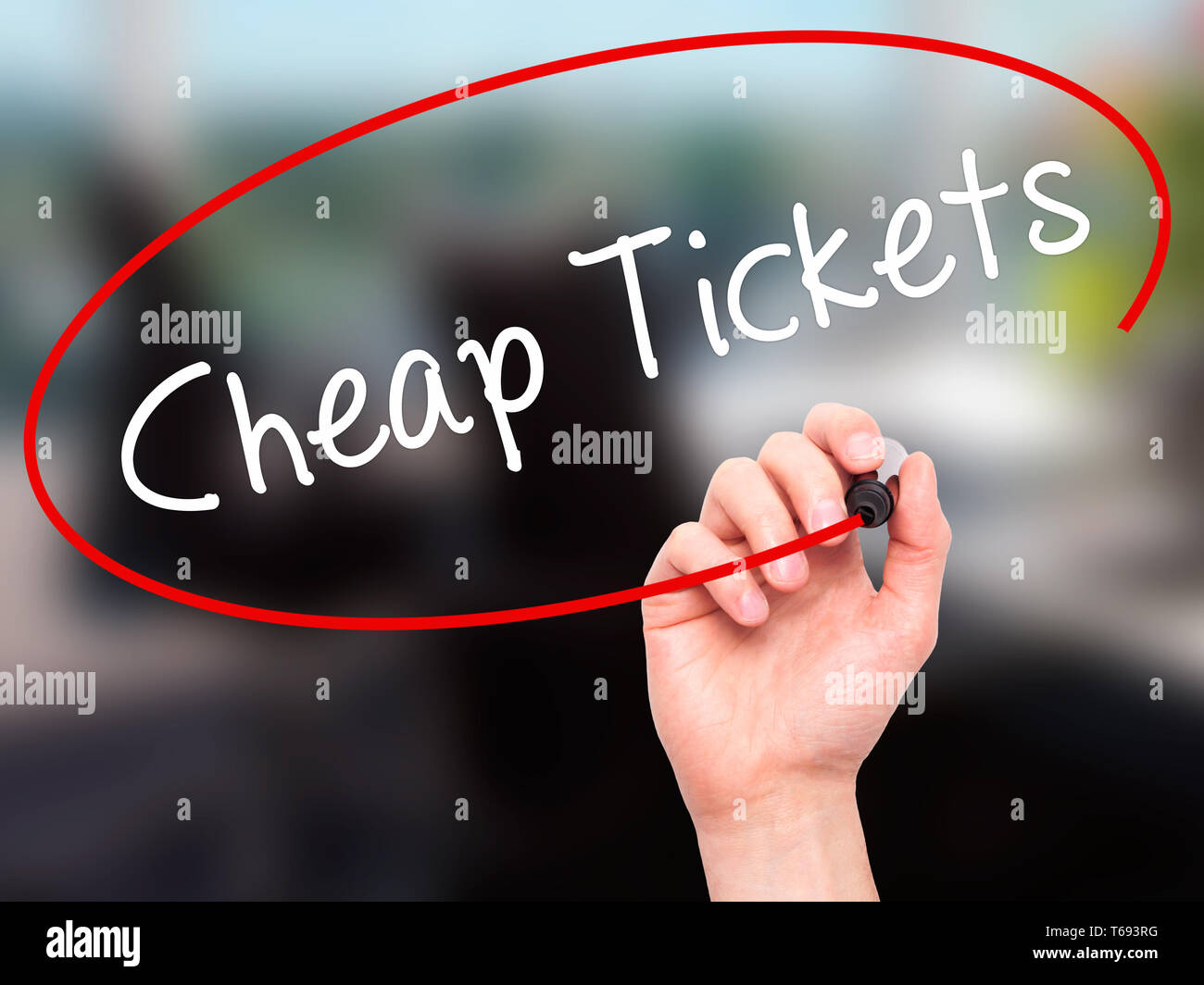 Man Hand writing Cheap Tickets with black marker on visual screen Stock ...