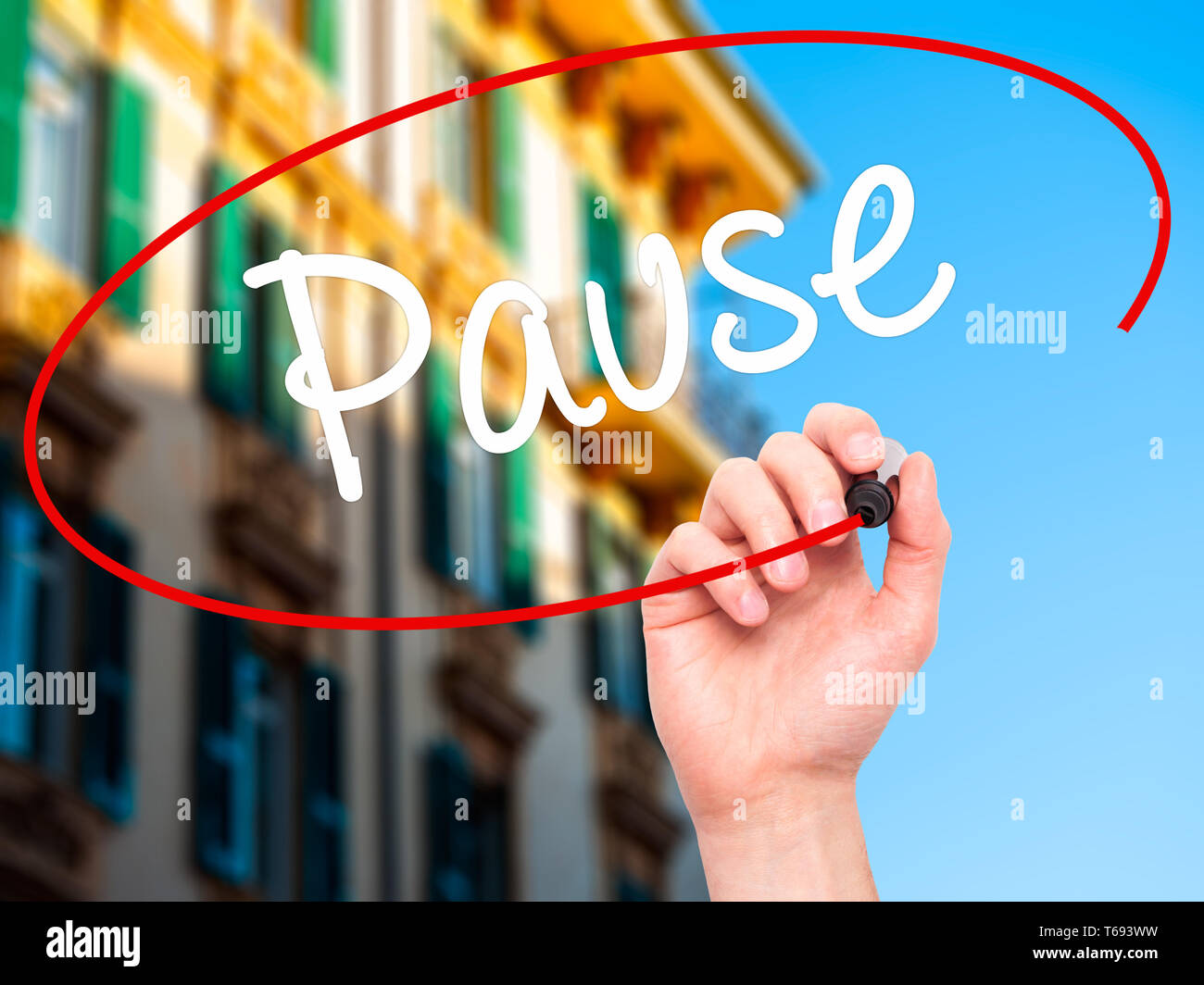 Man Hand writing Pause with black marker on visual screen Stock Photo ...