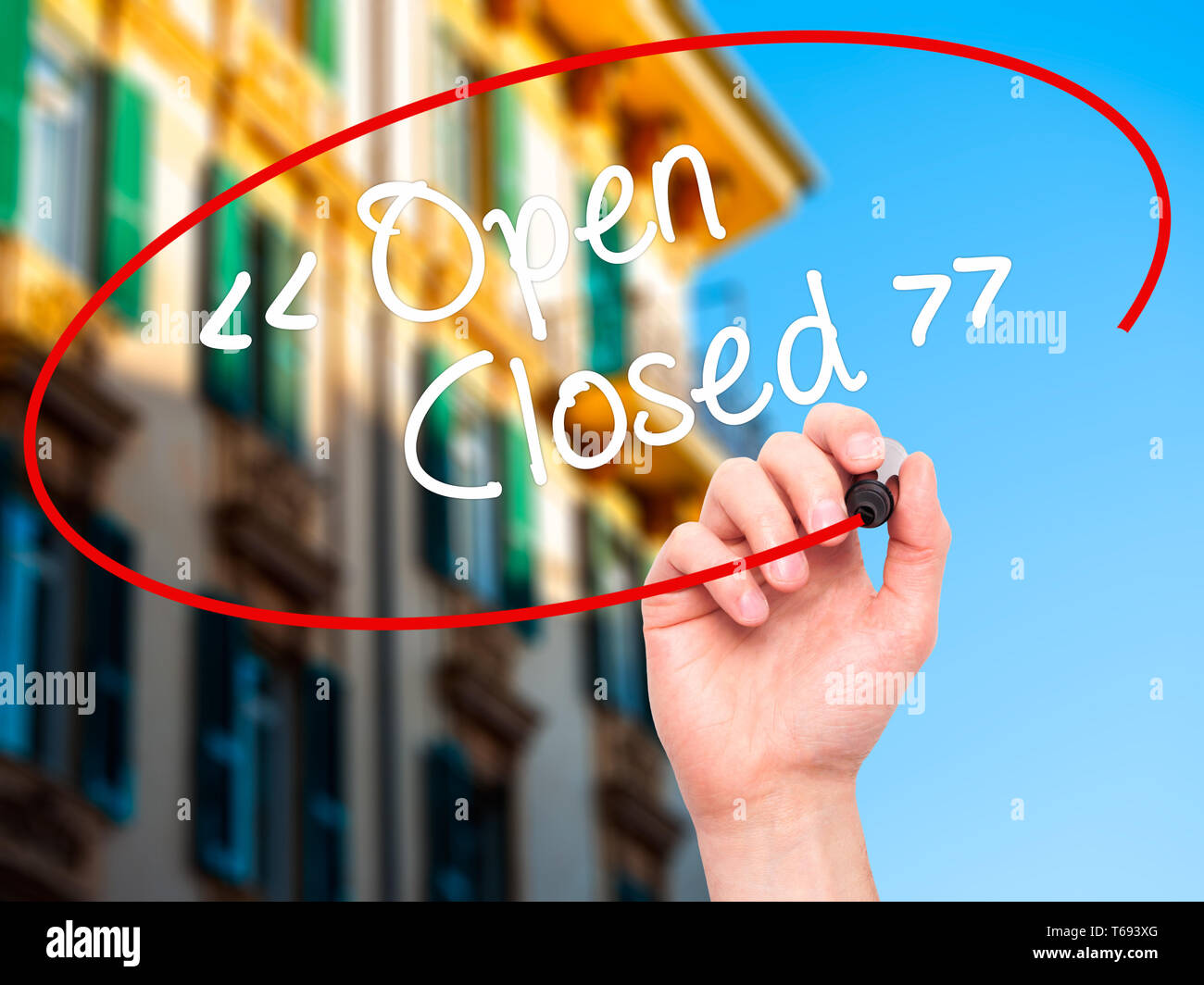 Man Hand writing Open - Closed with black marker on visual screen Stock ...