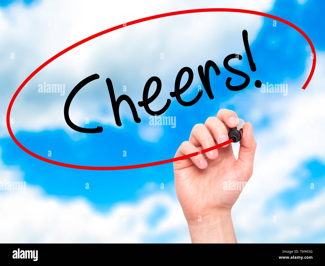 Man Hand writing Cheers! with black marker on visual screen Stock Photo ...