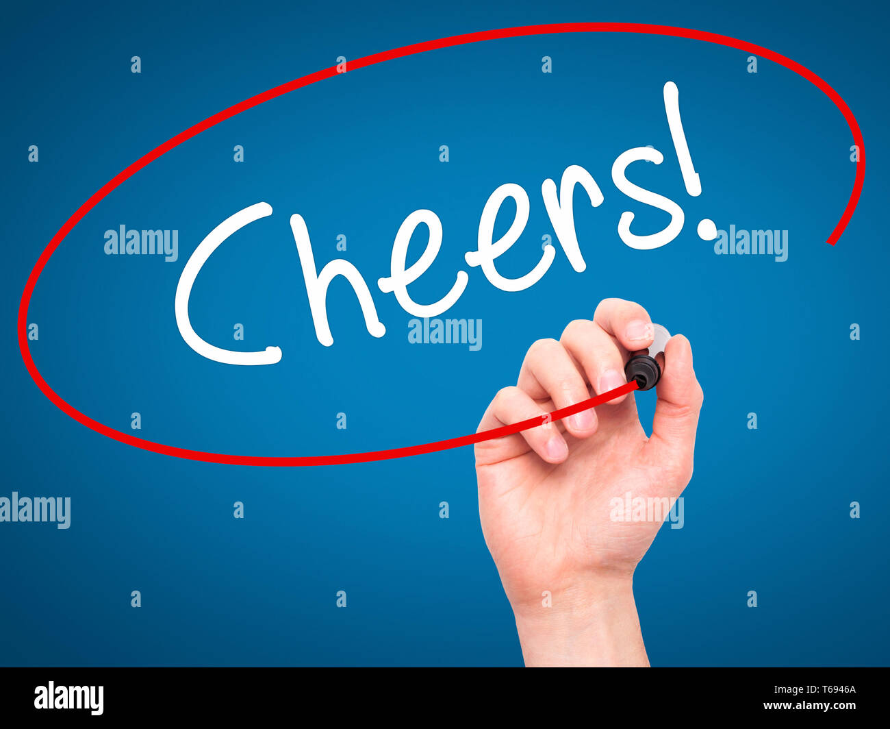 Man Hand writing Cheers! with black marker on visual screen Stock Photo ...