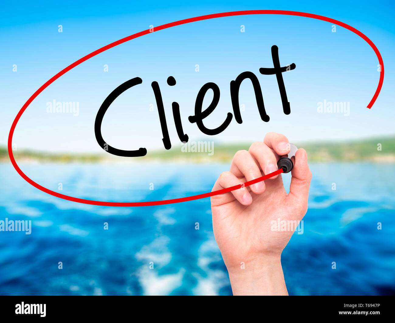 Man Hand writing Client with black marker on visual screen Stock Photo ...