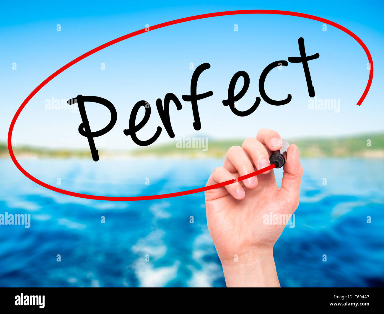 Man Hand writing Perfect with black marker on visual screen Stock Photo ...