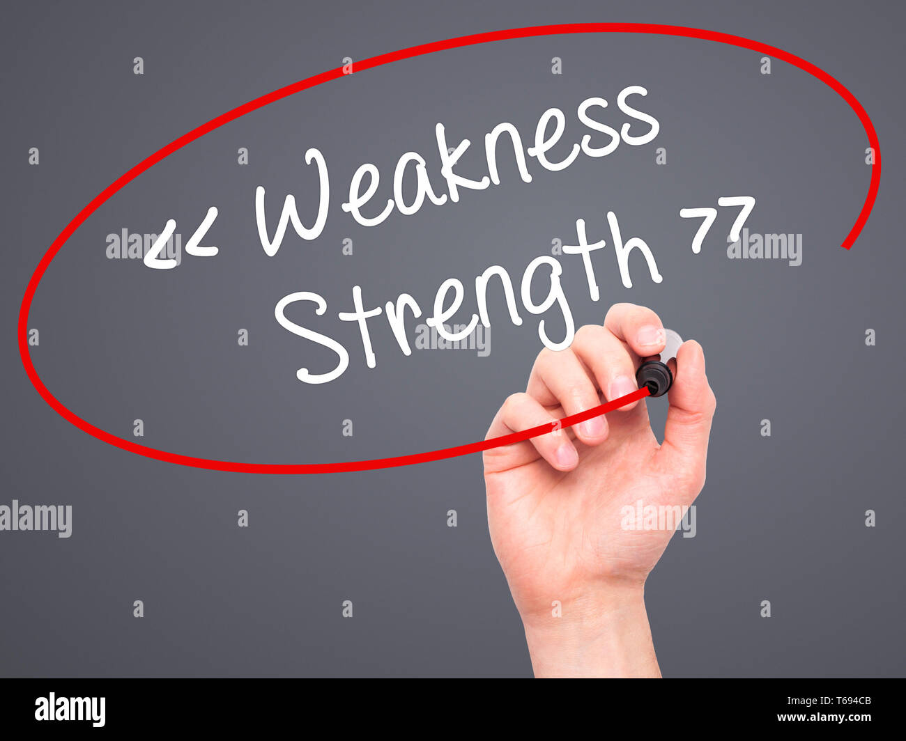 Man Hand writing Weakness - Strength with black marker on visual screen ...