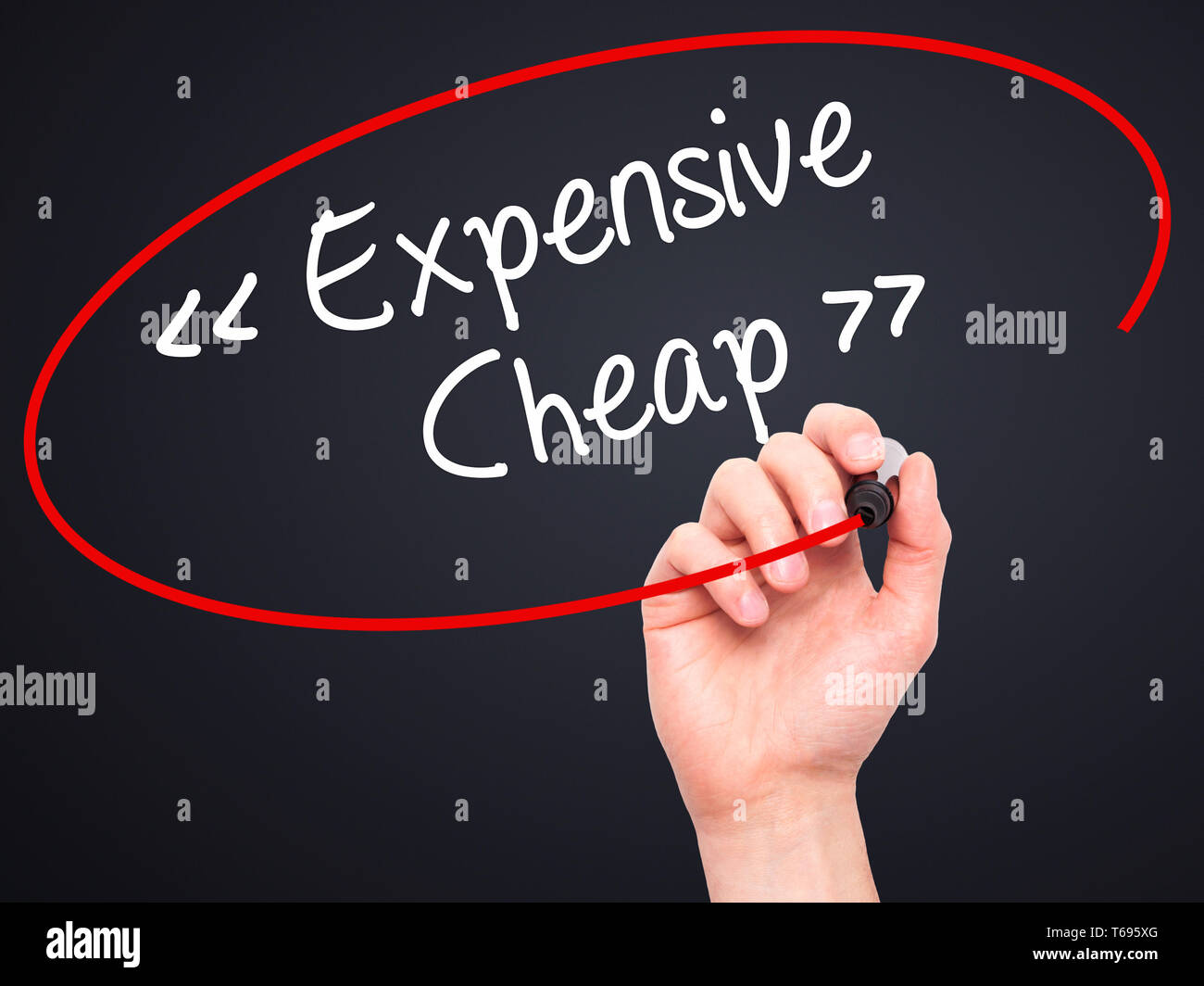Man Hand writing Expensive - Cheap with black marker on visual screen ...