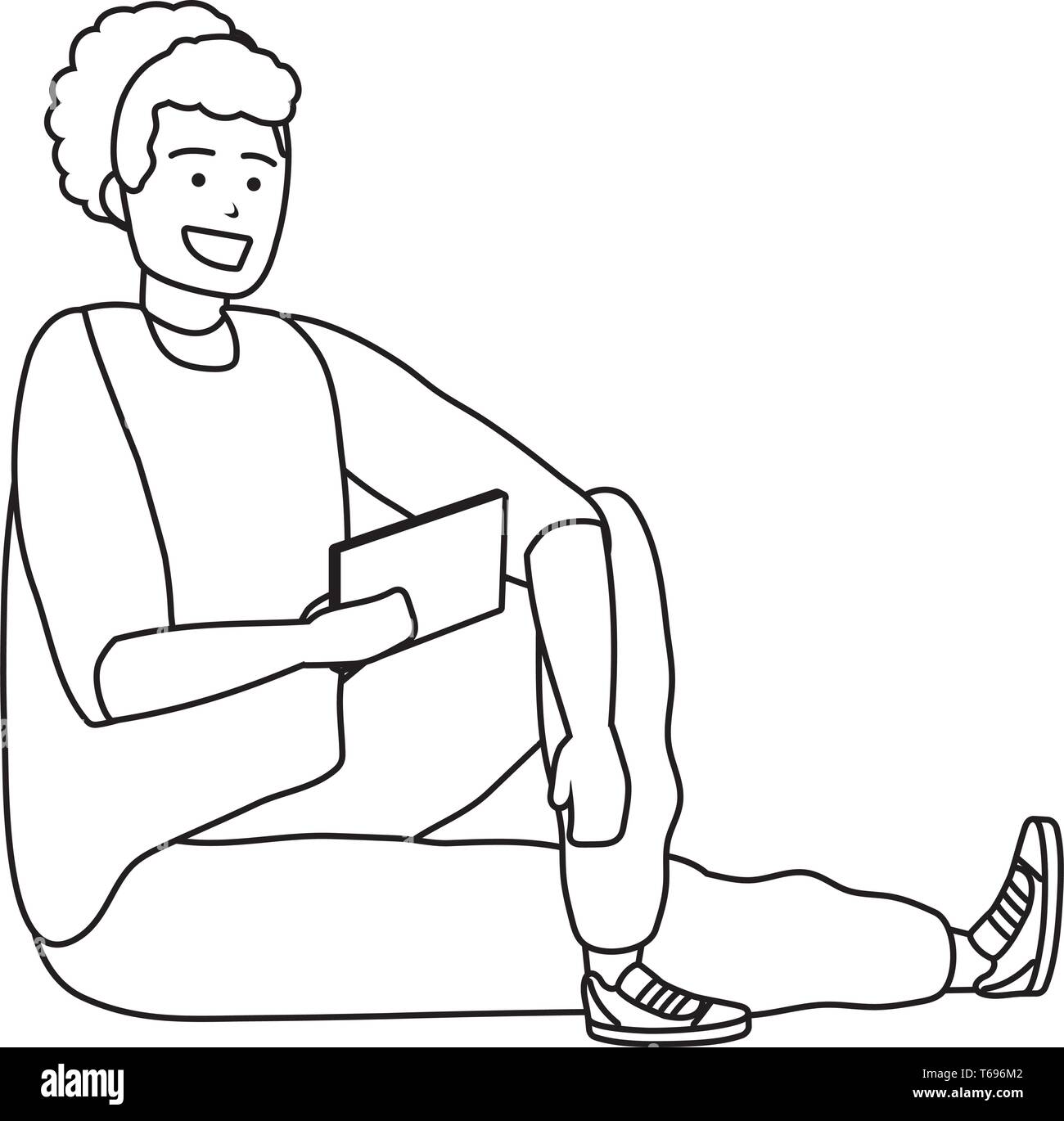 Millennial person stylish outfit sitting using smartphone texting afro ...