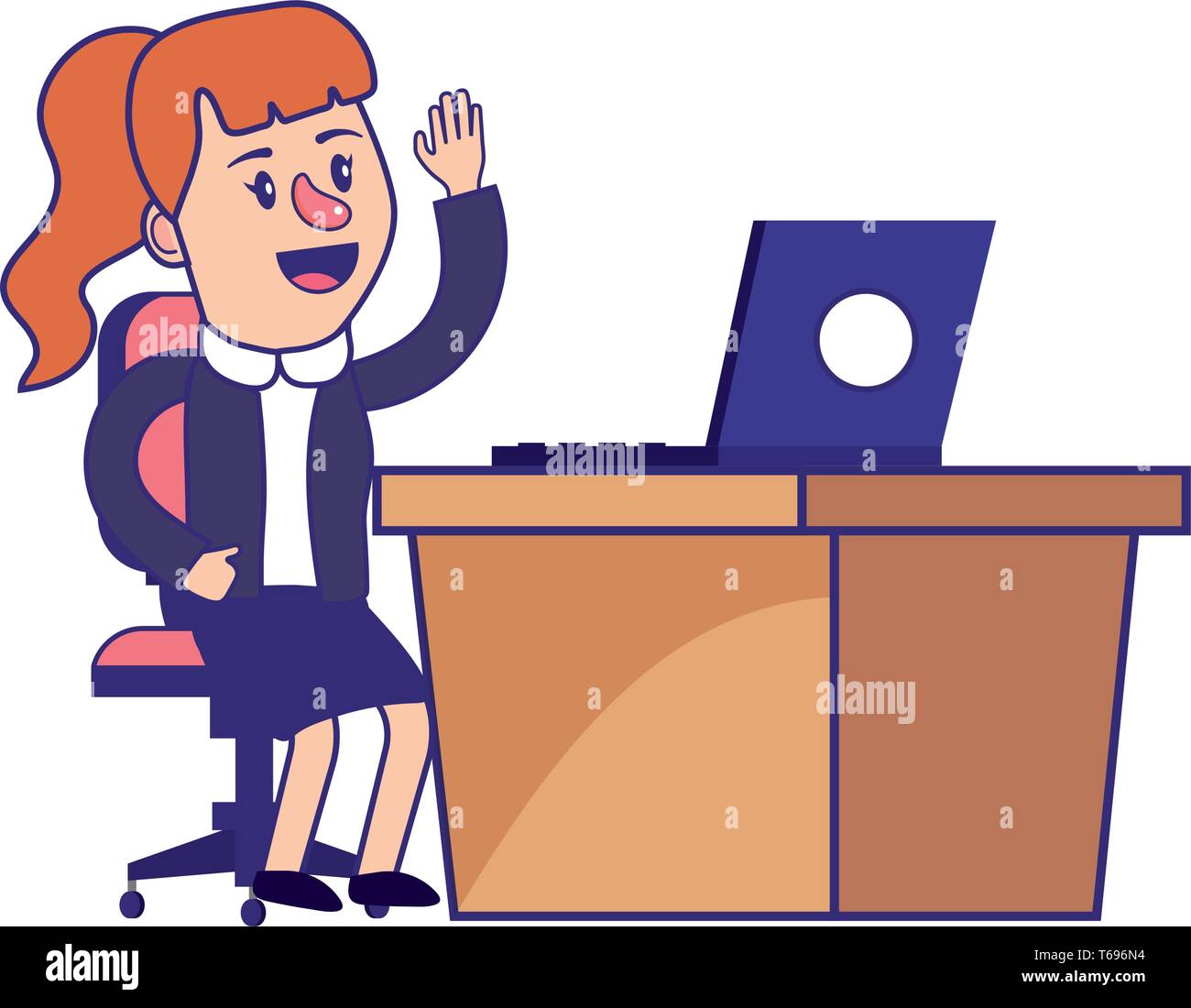 Businesswoman banking financial planning work desk laptop waving hello ...