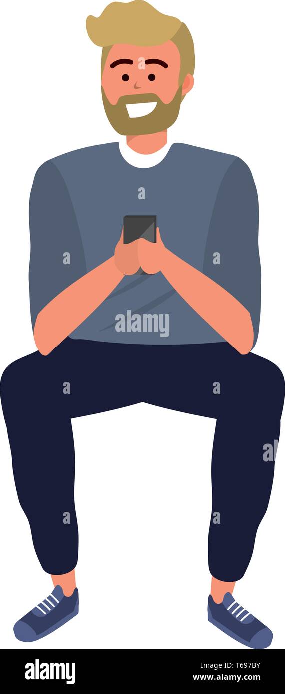 Millennial person stylish outfit sitting using smartphone texting ...