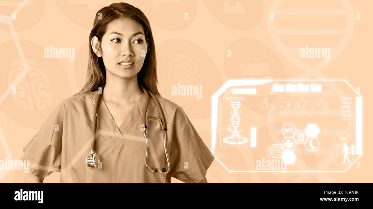 Composite image of asian nurse with stethoscope looking at the camera ...