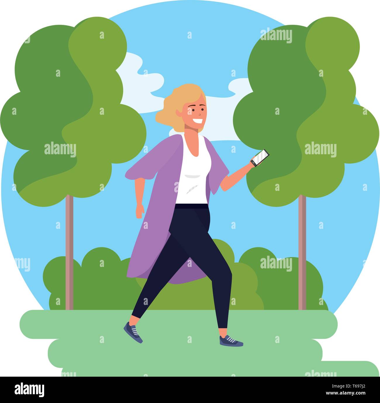 Millennial person stylish outfit using smartphone texting blonde nature ...