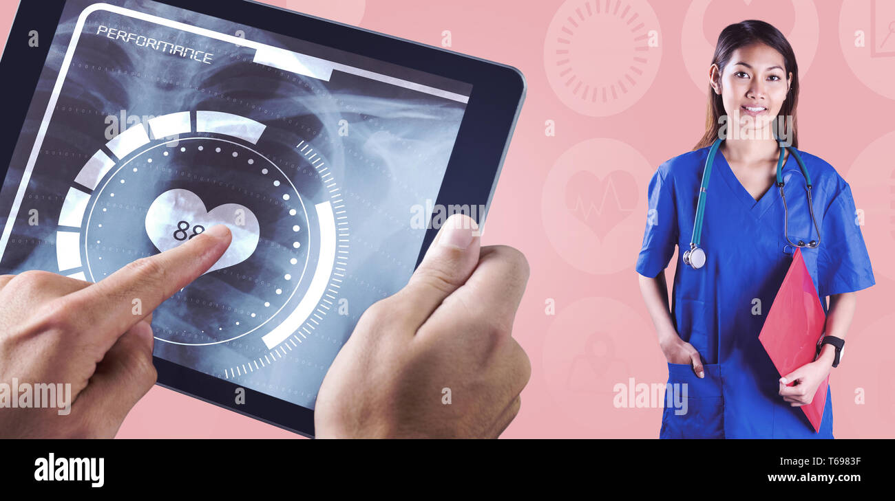 Composite image of asian nurse with stethoscope looking at the camera ...