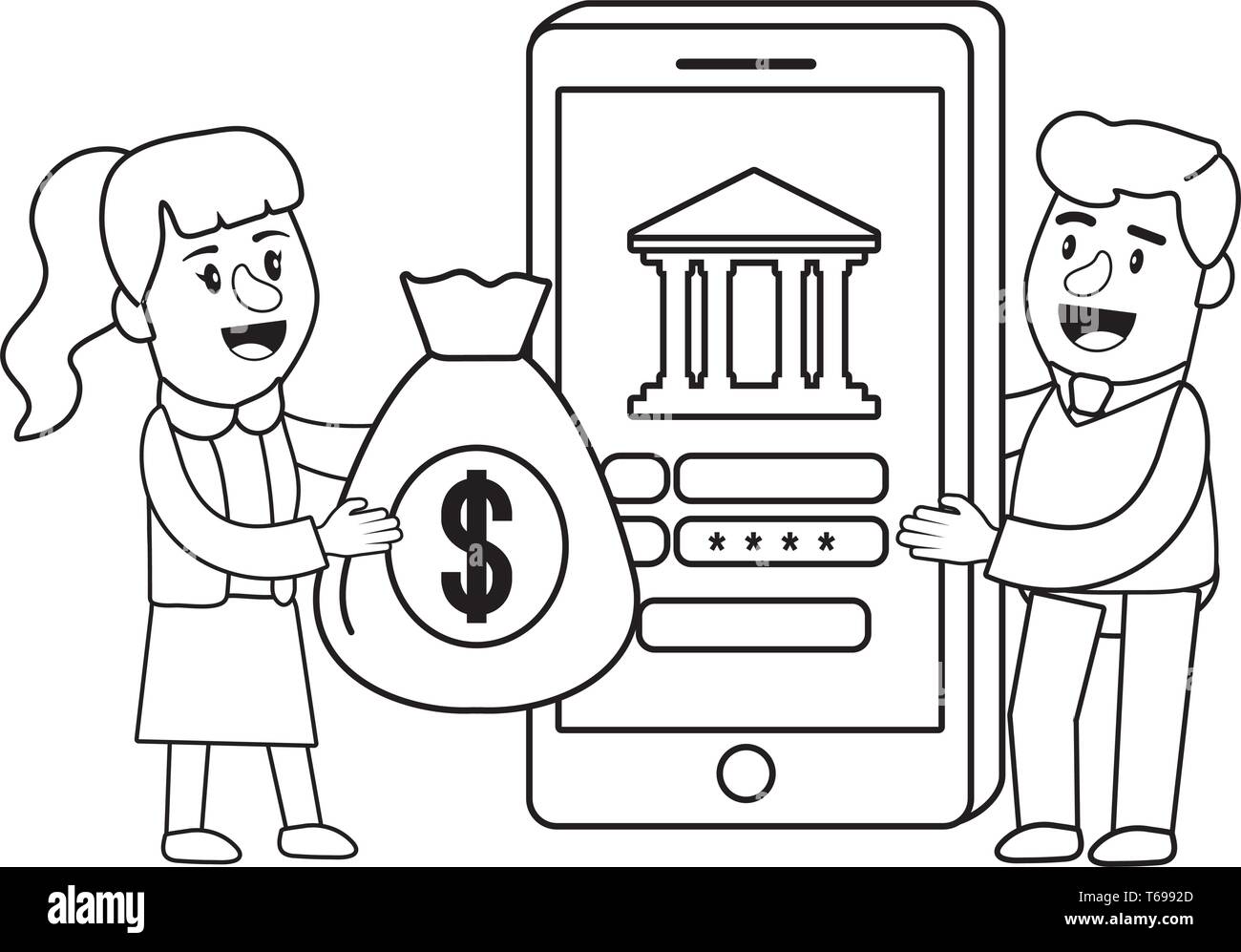 Banking teamwork financial planning holding money bag smartphone ...