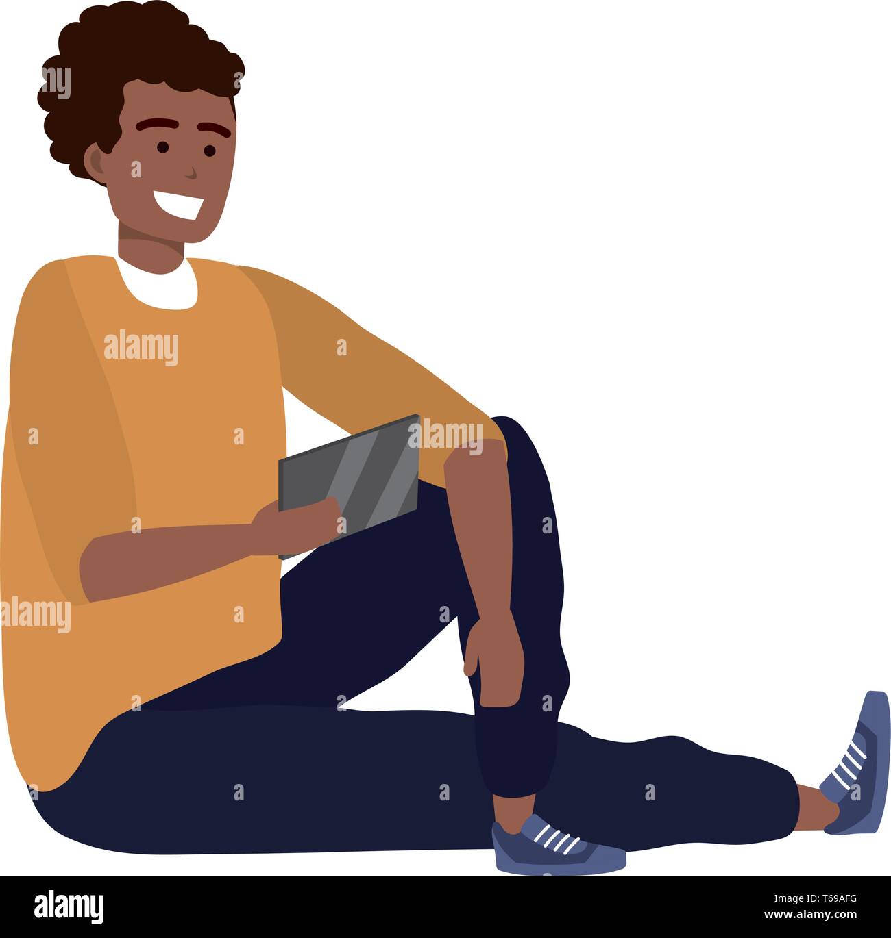 Millennial person stylish outfit sitting using smartphone texting afro ...