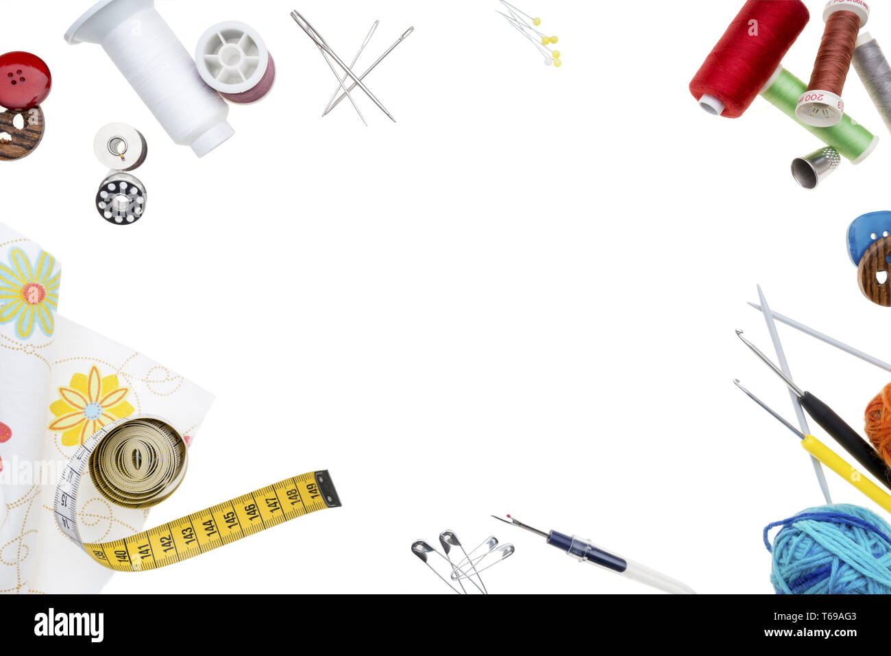 Different sewing things arranged on a white backgorund Stock Photo - Alamy