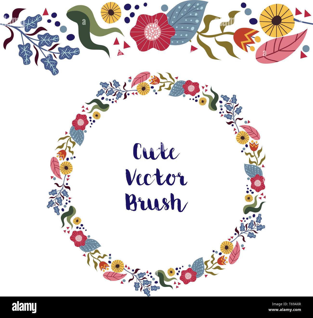 Endless horizontal brush with cute flat doodle flowers and leaves ...