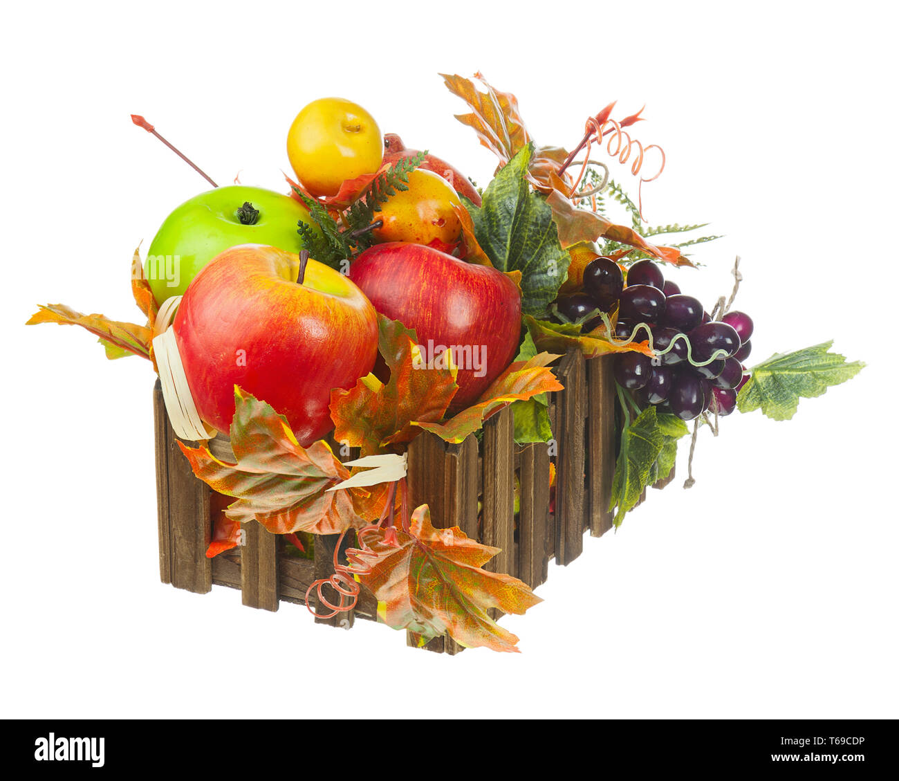 Composition from Artificial Fruits and Autumn Leaves in Wooden Box ...