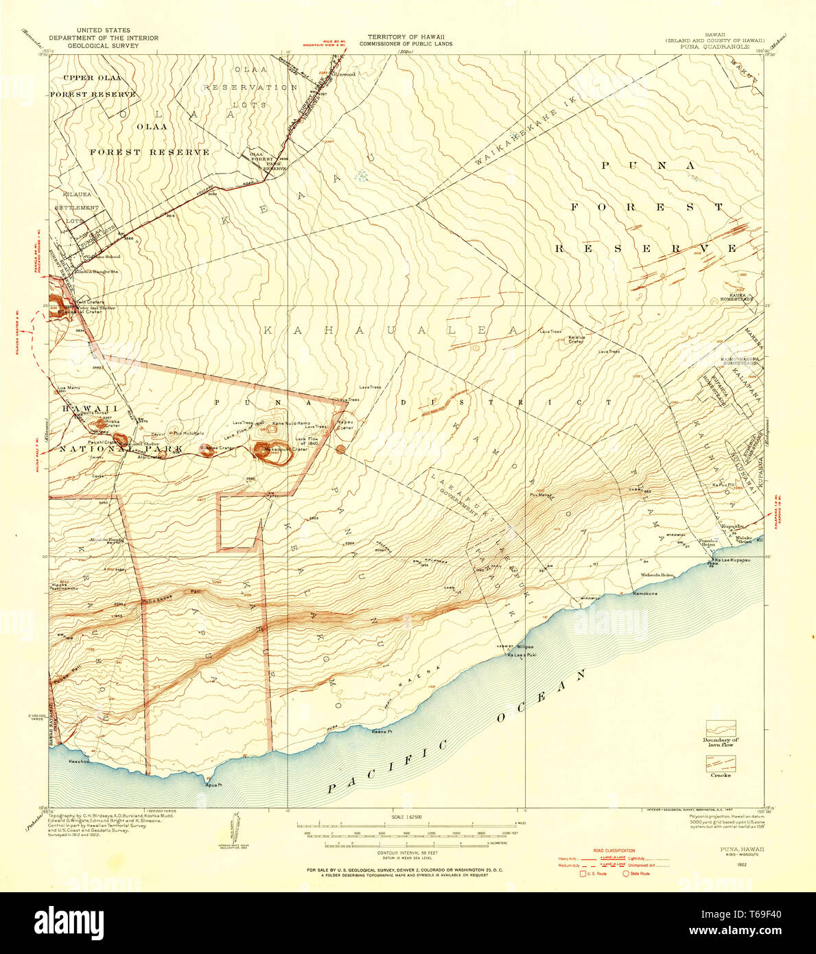 USGS TOPO Map Hawaii HI Puna 349901 1922 62500 Restoration Stock Photo ...