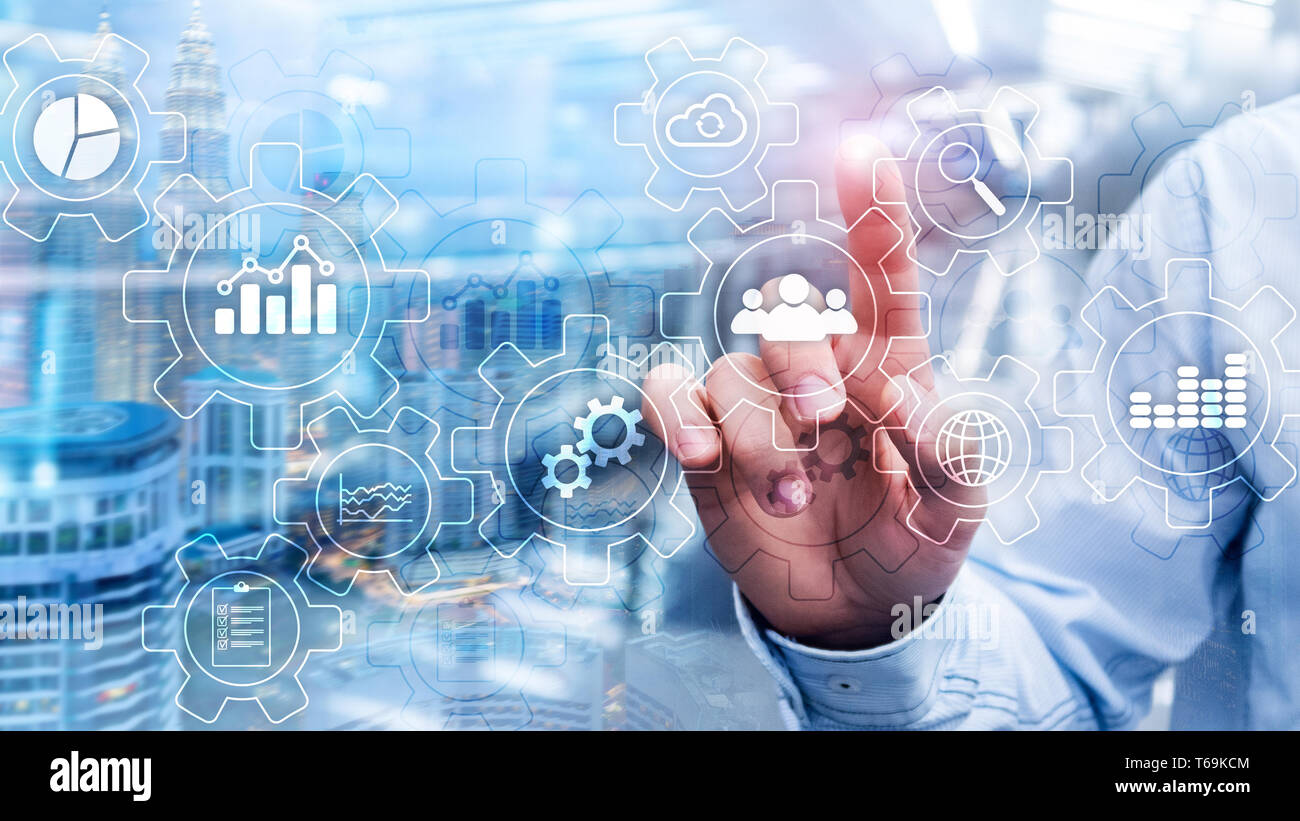 Business process abstract diagram with gears and icons. Workflow and ...