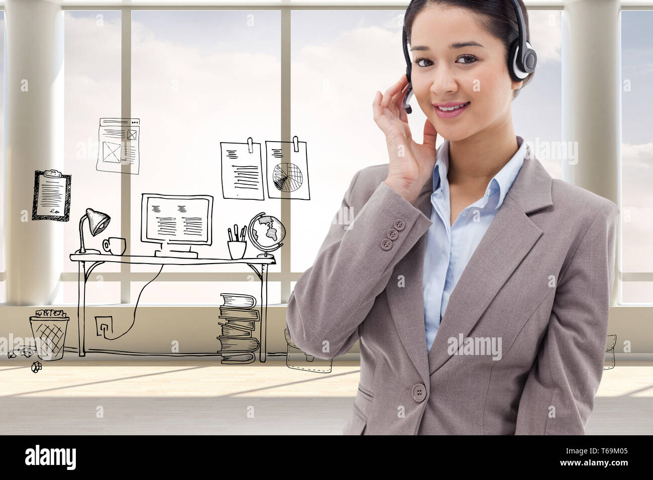 Composite image of portrait of a good looking operator posing with a ...