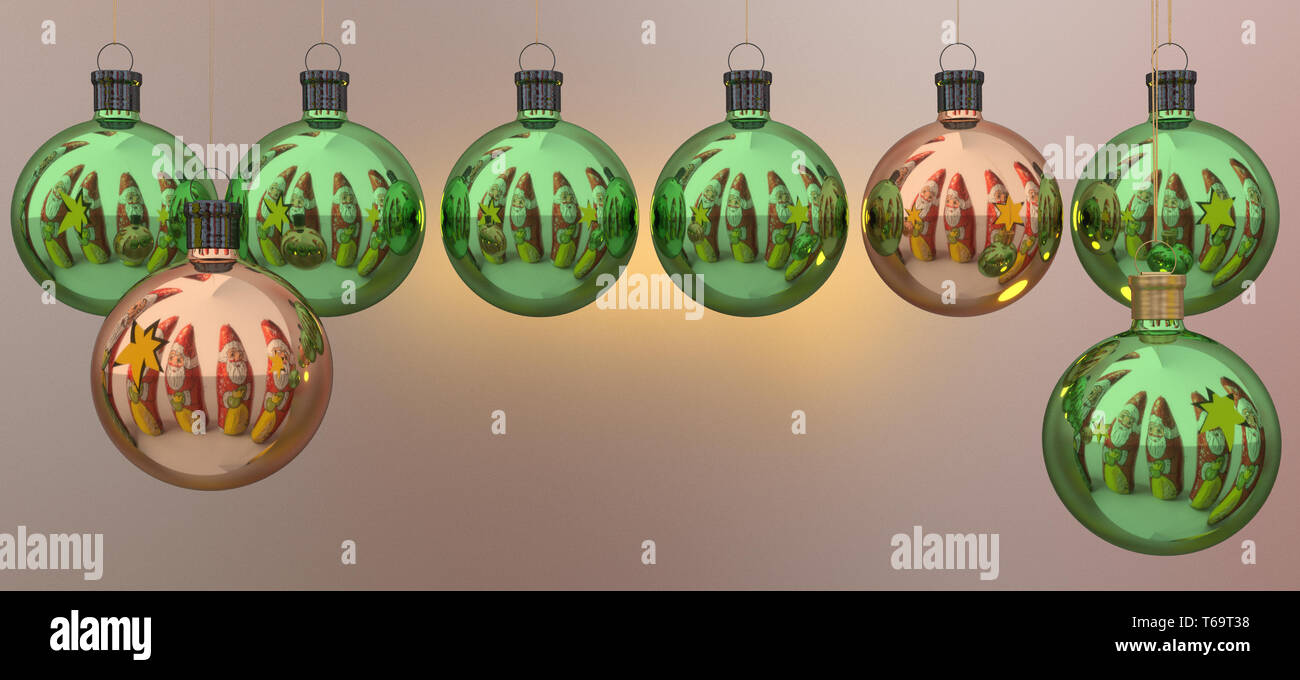 Christmas balls in one row with background light, Santa Claus seen as ...
