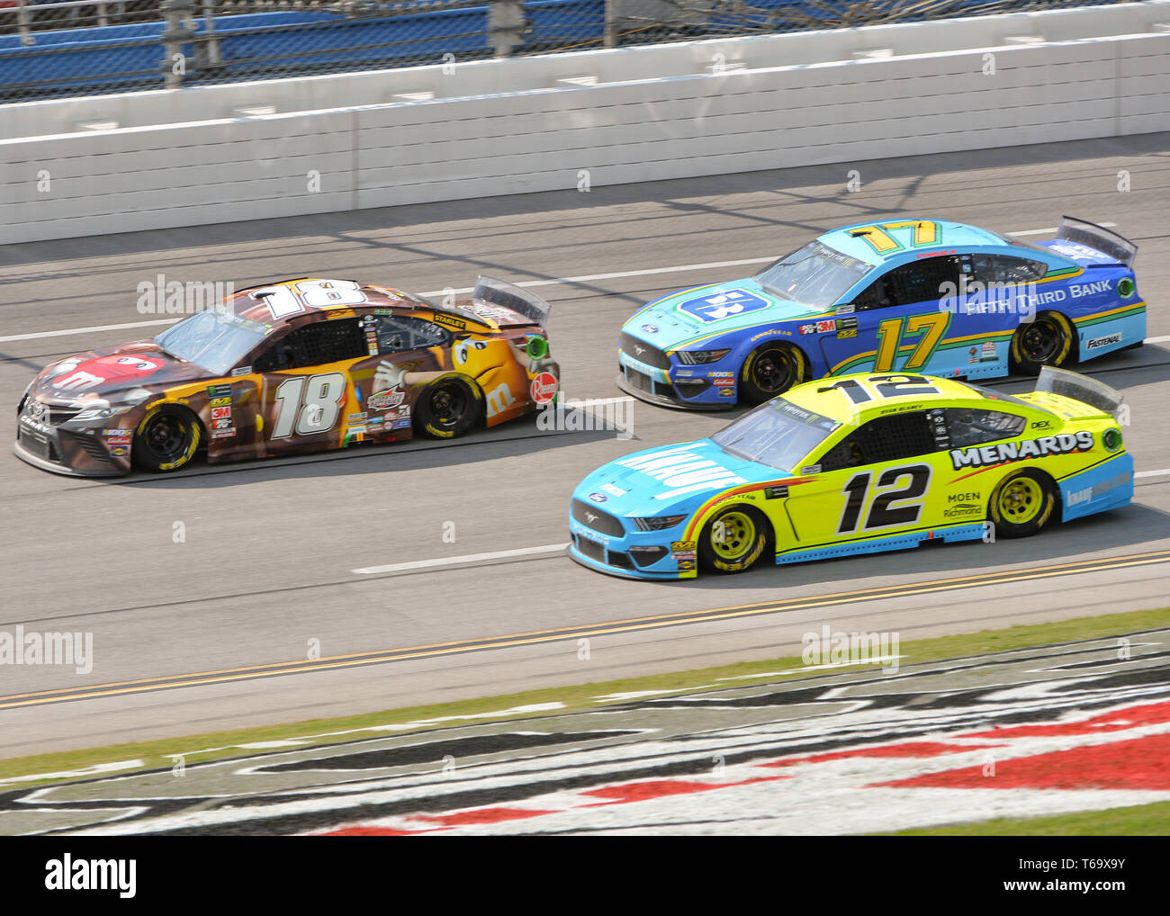 Talladega, AL, USA. 28th Apr, 2019. The M&M Toyota (18), Menards Ford ...