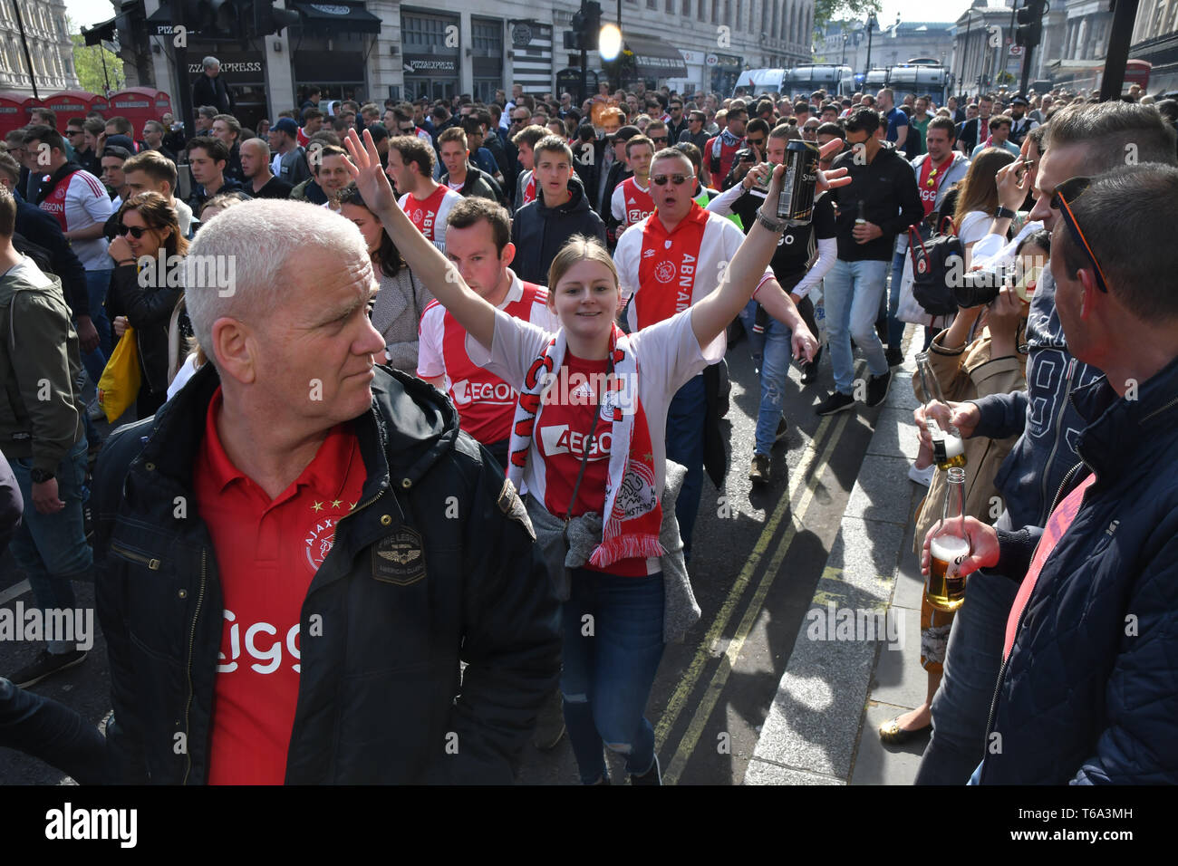 London, UK. 30th Apr 2019. AFC Ajax (ultras football)supporters march ...