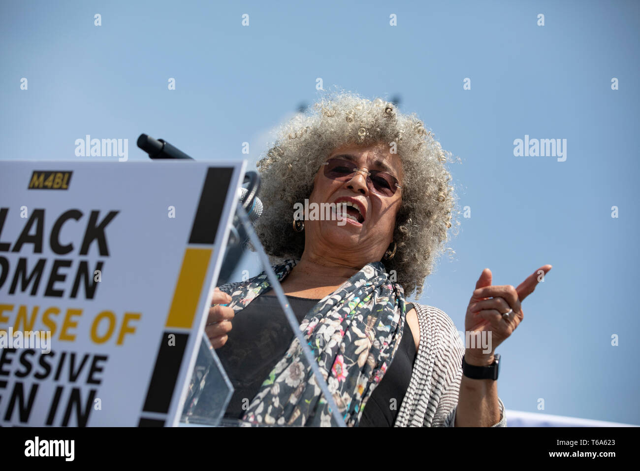 Activist Angela Davis speaks during a press event in front of the ...