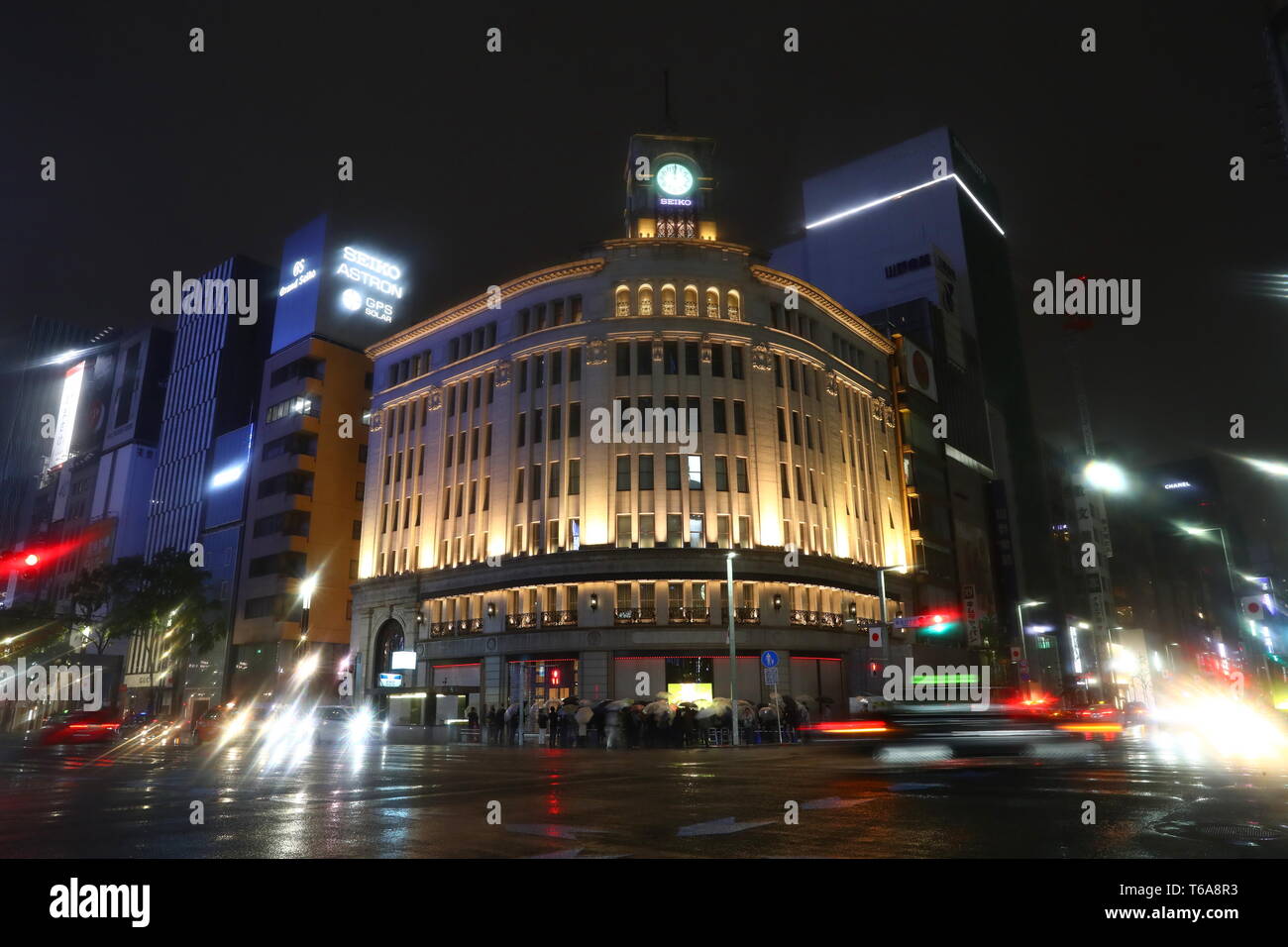 The famous clock of Wako department store shows 24:00 local time in ...