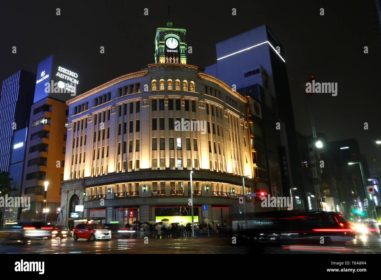 The famous clock of Wako department store shows 24:00 local time in ...