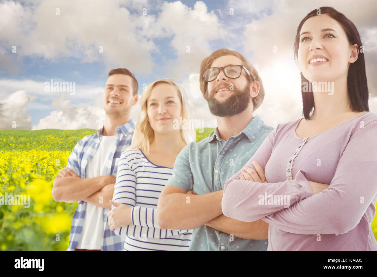 Composite image of smiling business people standing in row with arms ...