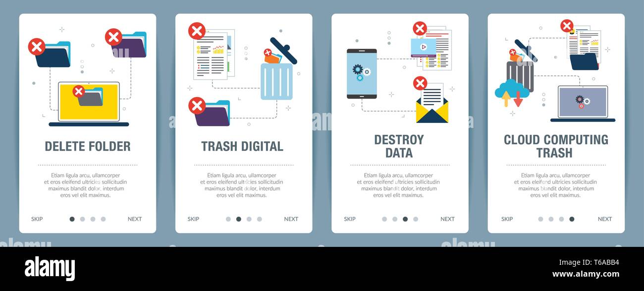 Vector set of vertical web banners with delete folder, trash digital, destroy data and cloud ...