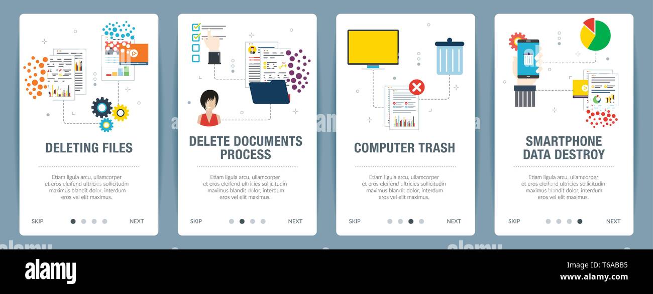 Vector set of vertical web banners with deleting files, delete documents, computer trash and ...
