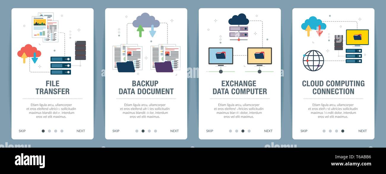 Vector set of vertical web banners with file transfer, backup data document, exchange data ...