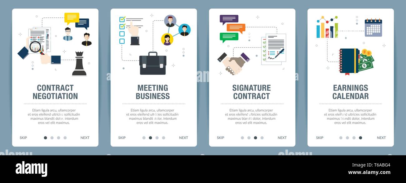 Vector set of vertical web banners with contract negotitation, meeting ...