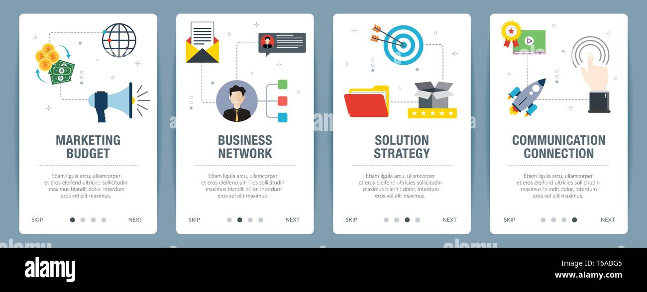 Vector set of vertical web banners with marketing budget, business network, solution strategy ...