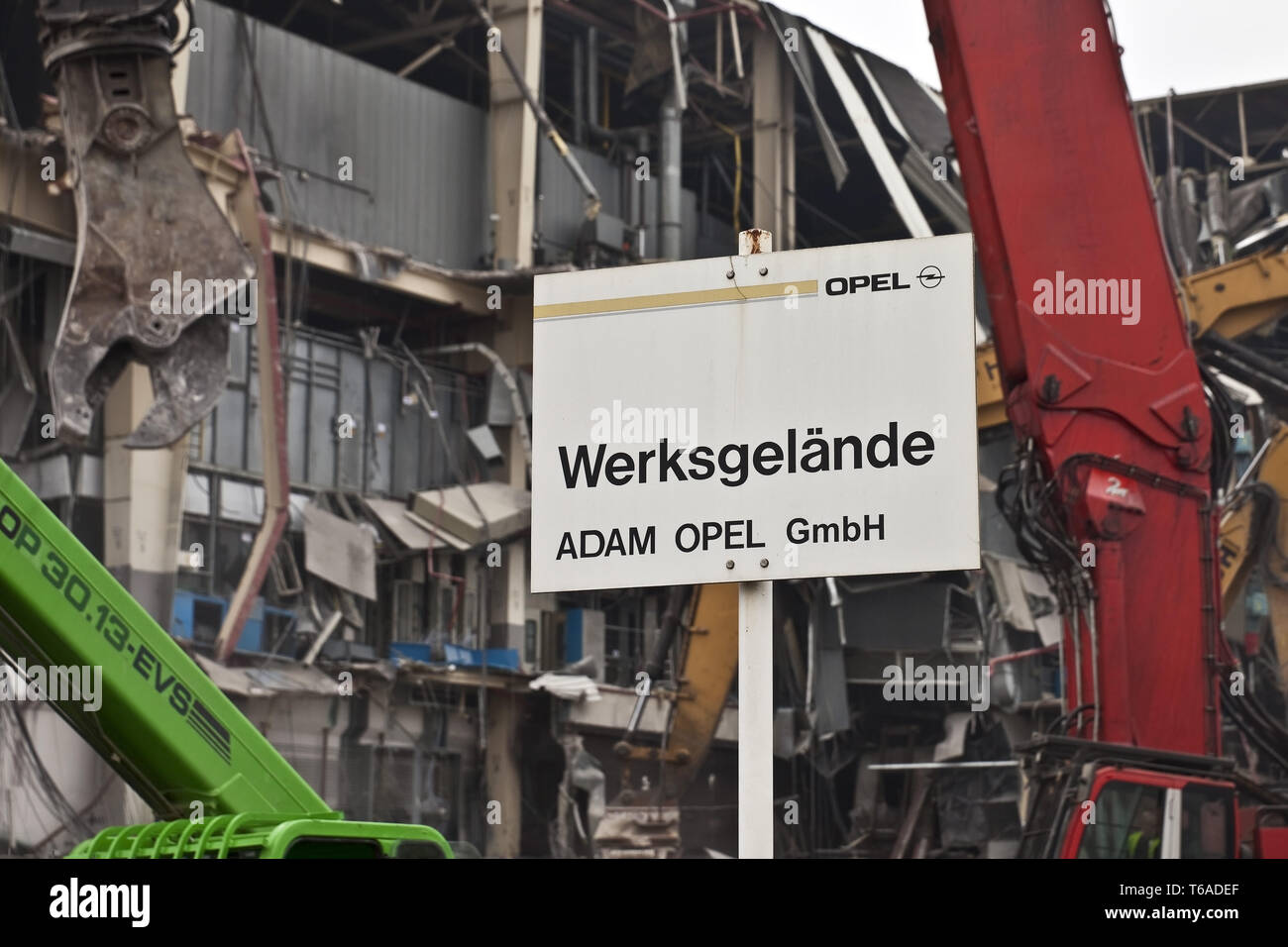 opel car company sign in front of demolition work, Bochum, Ruhr Area ...