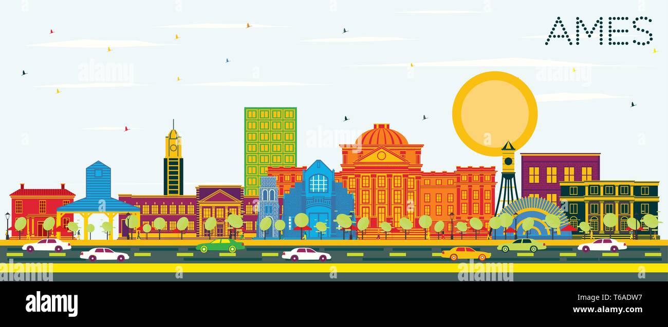 Ames Iowa City Skyline with Color Buildings and Blue Sky. Vector ...