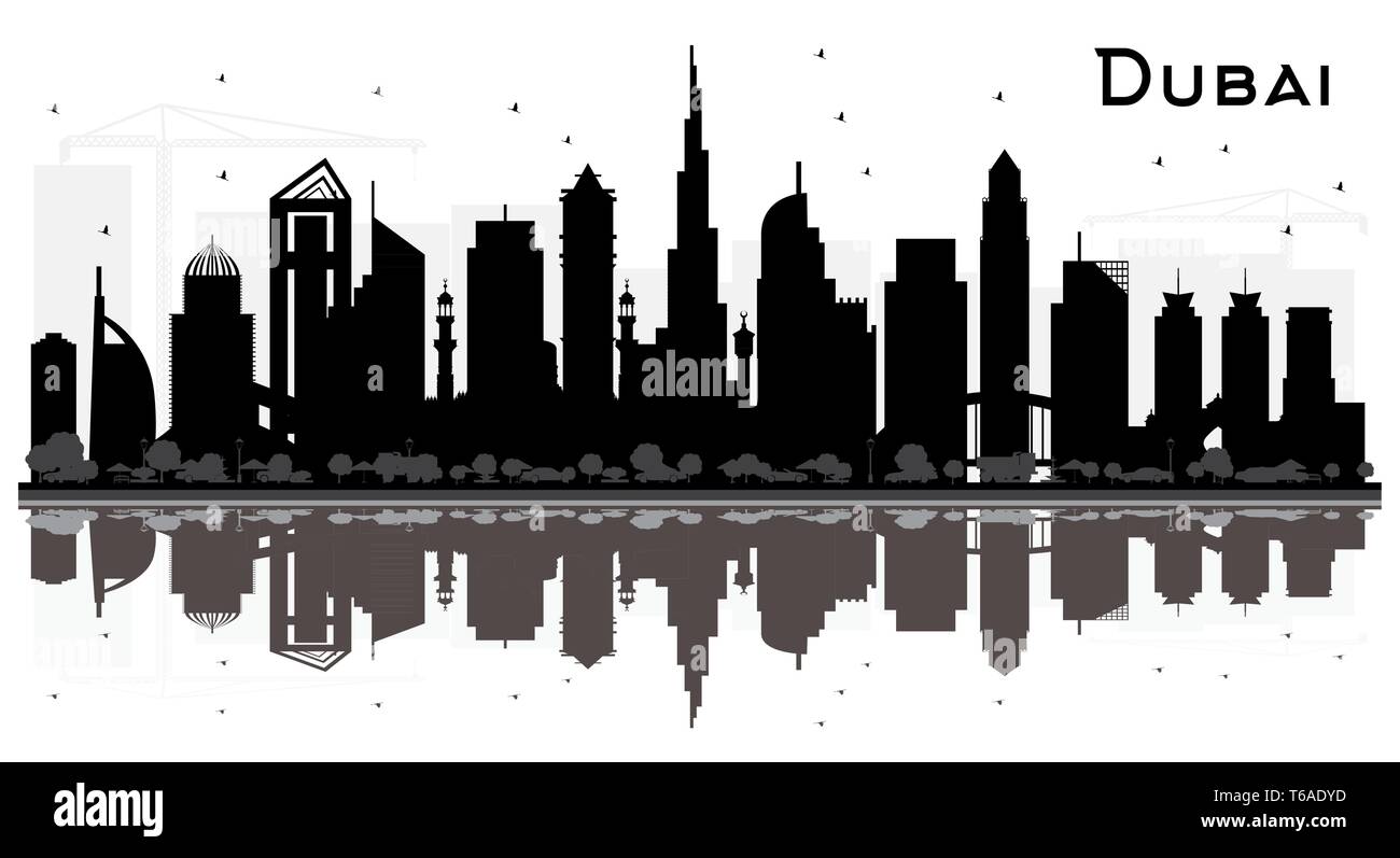 Dubai UAE City skyline silhouette with black buildings isolated on ...