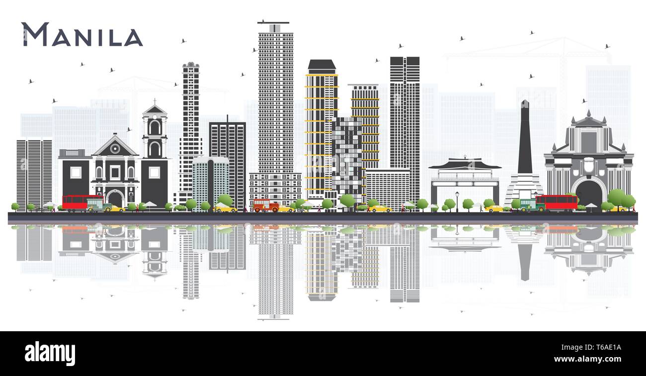 Manila Philippines City Skyline with Gray Buildings Isolated on White ...