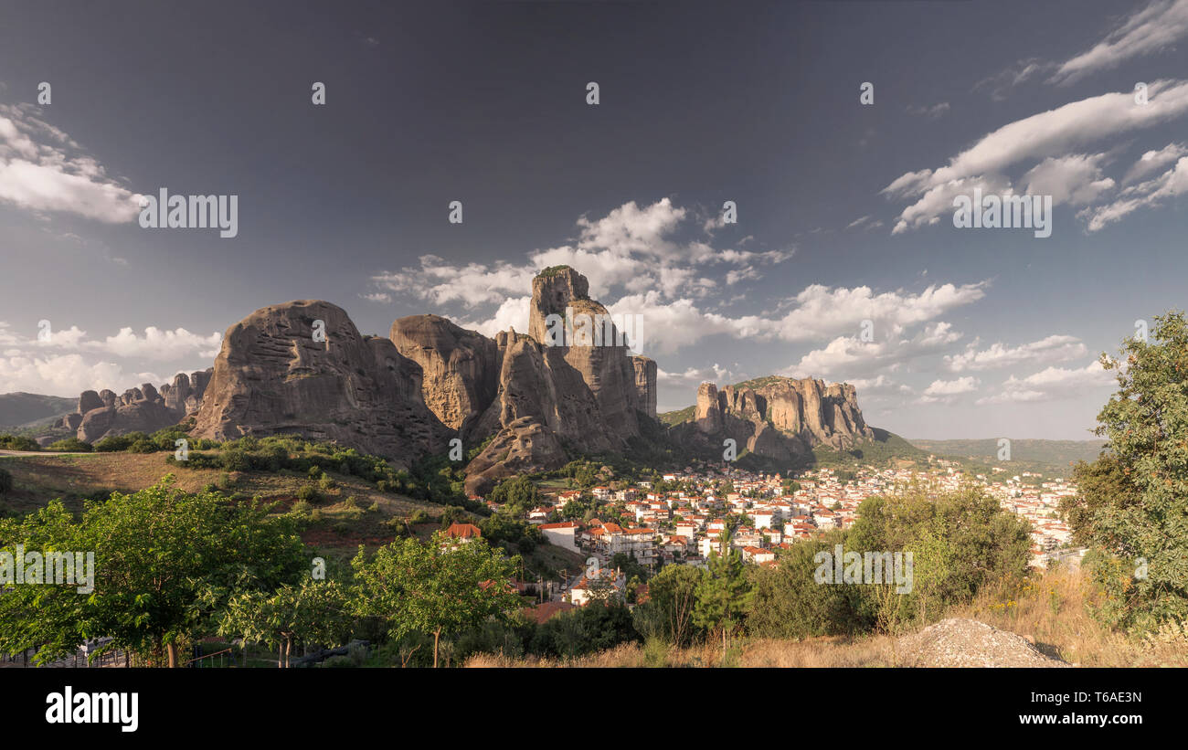 Panoramic view of the Kalambaka town at the foot of the Meteora ...