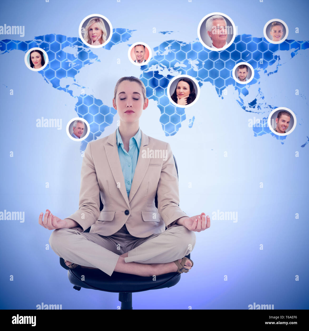 Composite image of peaceful chic businesswoman sitting in lotus ...